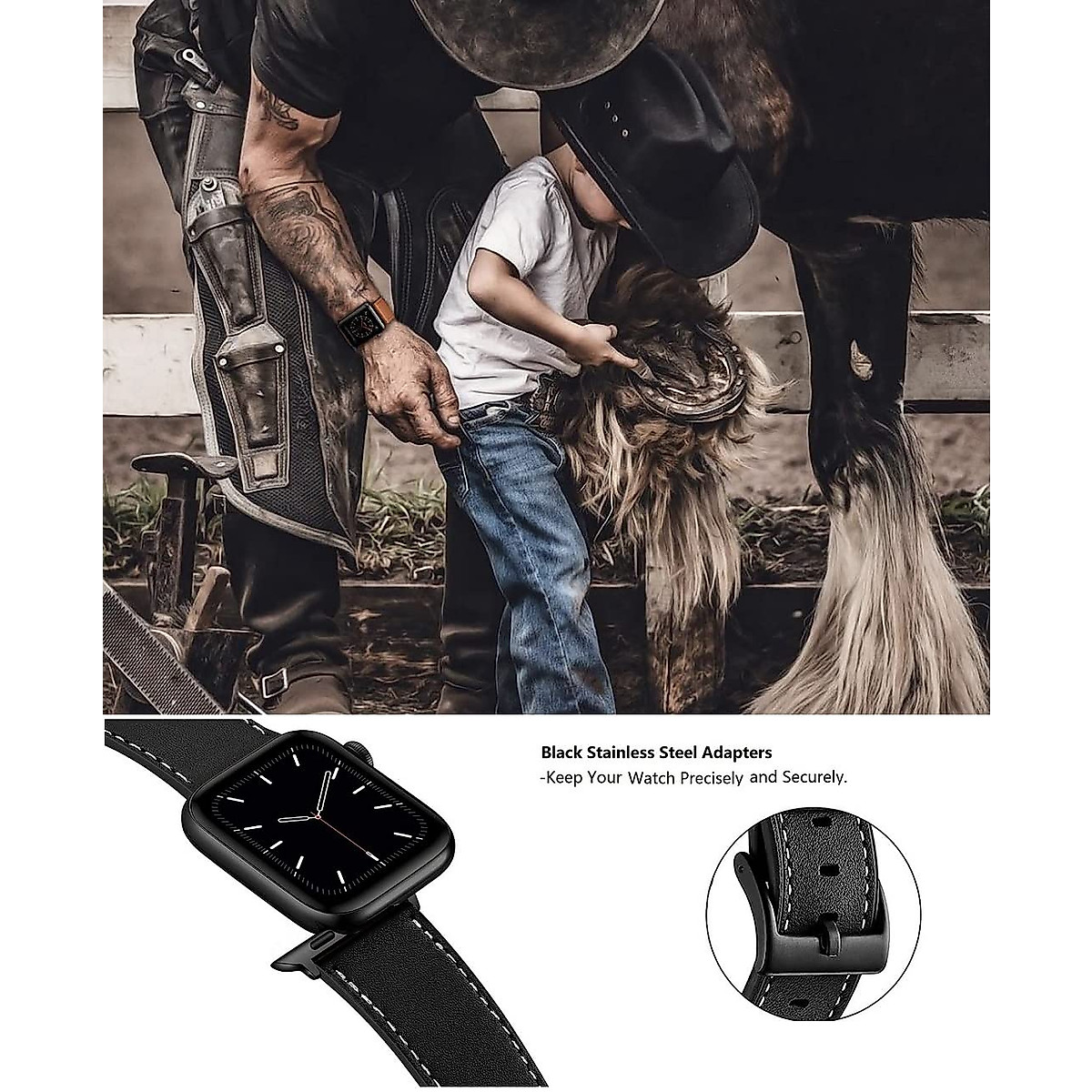 (4 Pack) Compatible with Apple Watch Band 45mm 44mm 42mm, C.M Genuine Leather Band Replacement Strap Compatible with Apple Watch Series 7/6/5/4/3/8/9/SE, Brown Blue Grey Black Band with Black