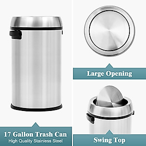 GAOMON 65L/17Gal Trash Can with Swing Top, Commercial Grade Heavy Duty Brushed Stainless Steel Outdoor Trash Can, Large Kitchen Trash Can, Round