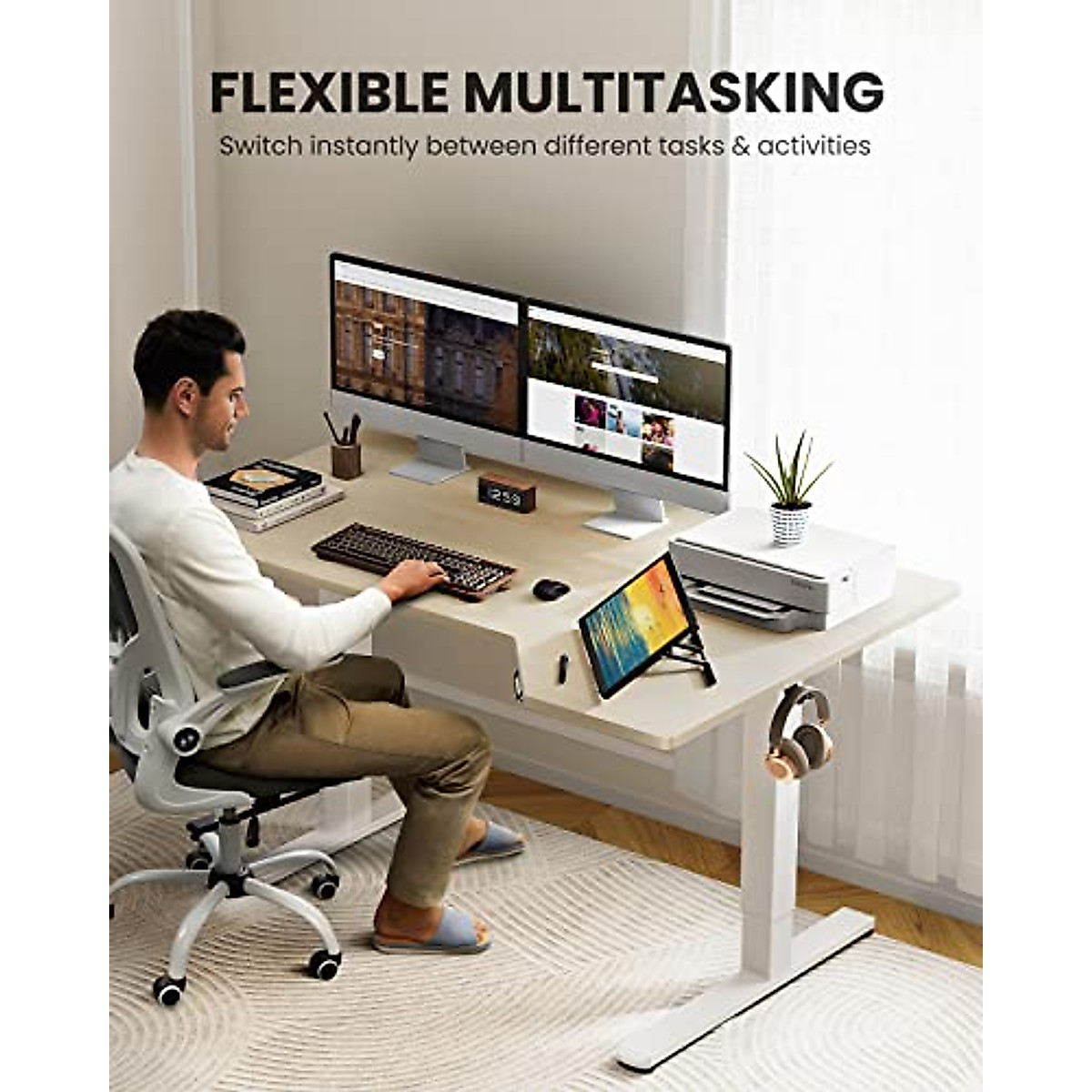 ErGear L Shaped Height Adjustable Electric Standing Desk 57" Corner Standing Desk Sit Stand Desk with Splice Board Ergonomic Desk Home Office Desk Computer Workstation, Natural