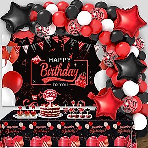 Red Birthday Decorations for Men Women Boys Girls, Red and Black Party Decorations, include Balloons Arch Garland Kit, Happy Birthday Backdrop, Star Foil Balloons, Cake Toppers, Tablecloth