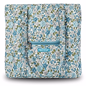 Bella Taylor Country Floral Feedsack Collection, Quilted Cotton Large Shoulder Tote Bag with Zipper for Women, Delicate Floral Blue
