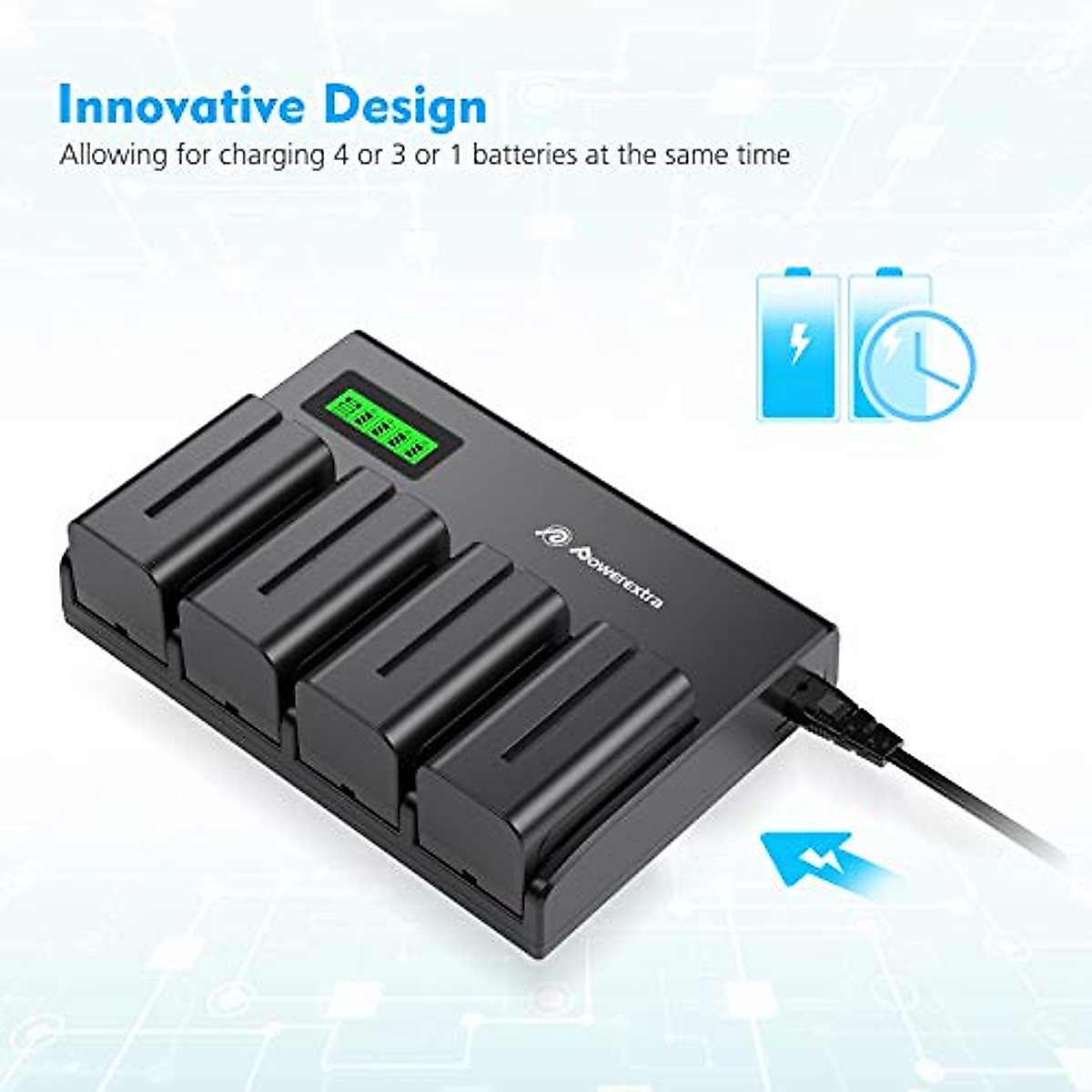 Powerextra 4 Pack Replacement Sony NP-F750 Batteries and 4-Channel Charger for Sony NP-F730, NP-F750, NP-F760, NP-F770 Battery