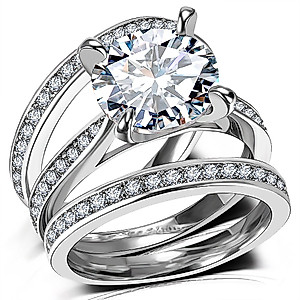 Round Cut CZ Bridal Set - 3 PCS/Set Big Solitaire Cubic Zirconia Engagement Wedding Ring Set for Women with Band