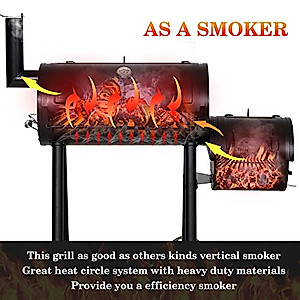 MFSTUDIO Heavy Duty Outdoor Smoker, Portable BBQ Charcoal Grill with Offset Smoker, 512 Sq.In. Cooking Area for Camping and Picnic, Black