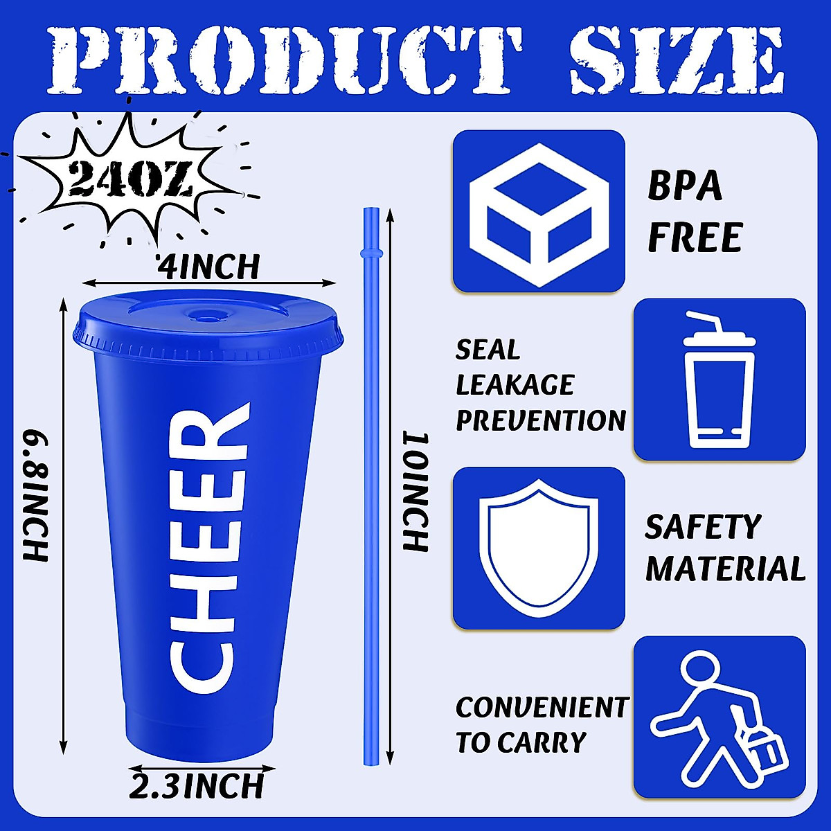 Layhit Cheer Teams Gifts Cheer Tumbler Cups Bulk 24 oz Reusable Cheer Plastic Tumbler with Straw and Lid Cheer Water Bottles for Team(Blue,12 Sets)