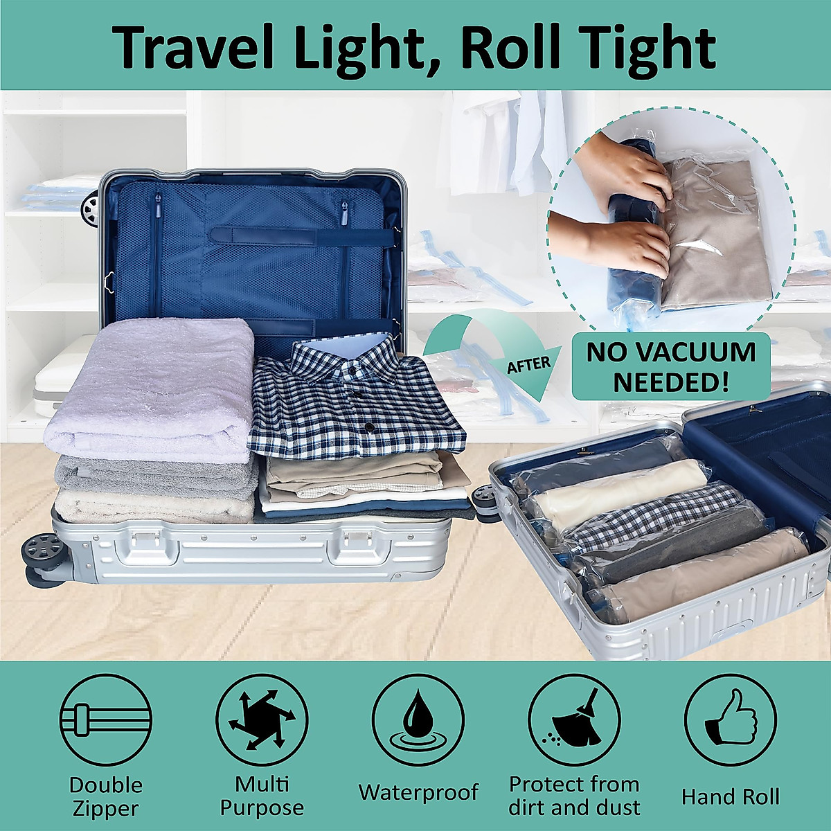 Compression Bags for Travel - Travel Essentials - 16 Pack Space Saver Bags - No Vacuum Needed - Compression Packing Bags for Cruise Accessories