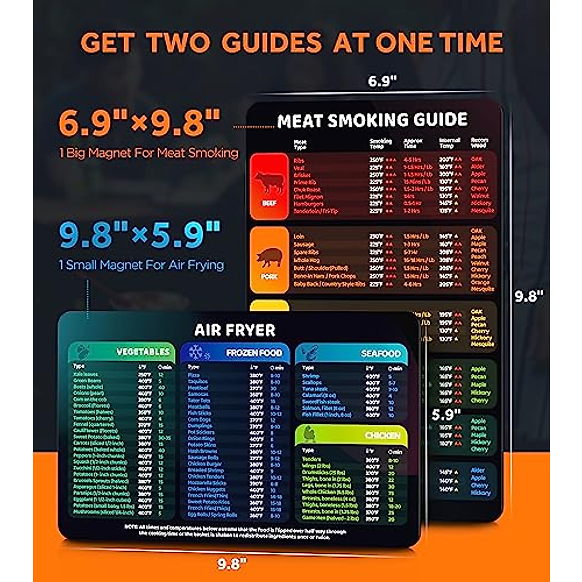 2023 Newest 2-in-1 Magnetic Meat Smoking Guide & Air Frying Guide with Temperature, Time & Wood Flavors, Useful Air Fryer & Smoker Accessories Kitchen Gadgets, Waterproof Magnet Sheet For Quick Reference