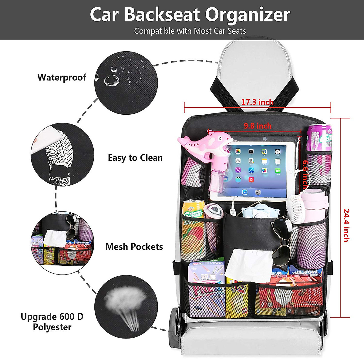 Car Back Seat Organizer Foldable Car Storage Organizer Car Seat Back Protectors with Hole for USB/Headphone/Charging Kick Mats Back Seat Protector with Touch Screen Tablet Holder Tissue Box