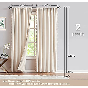 Pom-Pom Cream Velvet Curtain 84inches Long Window Drapes for Living Room Cotton Feel Soft Ivory Window Curtains for Bedroom Hotel Guest Room 42" W 2Panels