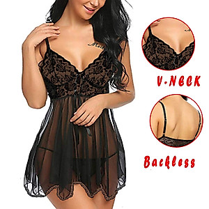 Youmymine Women Lace Lingerie Babydoll Nightgown Sexy V Neck Nightwear Chemise Nightie Backless Pajamas (Black, M)