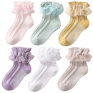Girls Lace Ruffle Cotton Frilly Ankle Socks Cotton White Princess Dance Dress Socks for Little/Big Kids (US, Alpha, Medium, Mixed-color)