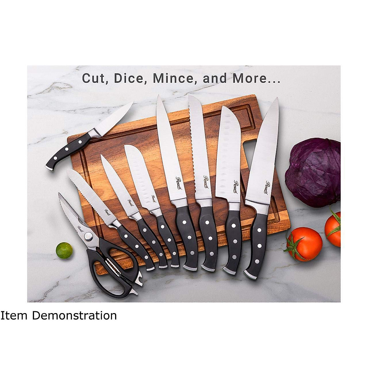 Rosewill 18 Piece Stainless Steel Cutlery Knife Set with Kitchen Shears| Triple Riveted Handles, Full Tang Design with Wood Block and Built-in Sharpener