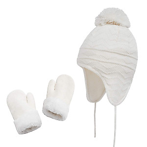 Kids Hats and Gloves Set Girls Toddler Baby Winter Hat Mitten Knit Earflap Beanie Warm Fleece Cap