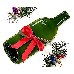 Melted Wine Bottle Cheese Serving Tray with Cheese Spreader and Red Ribbon, Unique Christmas Gift by Mitchell Glassworks