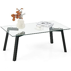 Tangkula Tempered Glass Coffee Table, Rectangular Center Table with Heavy Duty Metal Frame, Modern Minimalist Cocktail Table, Clear Tea Table for Living Room Reception Office, 44 x 24 x 18 Inch