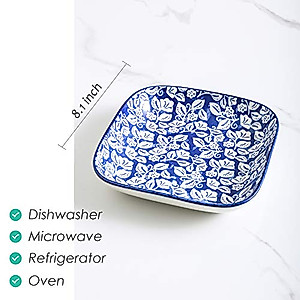 Selamica Porcelain 8-inch Square Dinner Plates, Salad Pasta Bowls, Set of 6, Vintage Blue