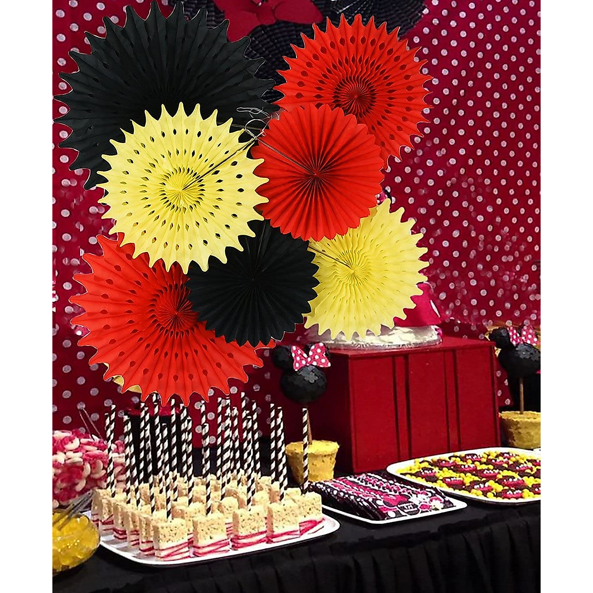 Mickey Mouse Birthday Party Decorations Black History Month Party Decorations Minnie Mouse Birthday 7pcs Yellow Red Black Tissue Paper Fans for Mickey Mouse 1st Birthday Decorations/Spain Decorations