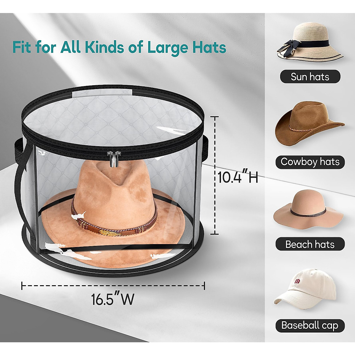 AOODA Oversized Clear Hat Storage Bag for Women, Holds up to 7 Caps Cowboy Hat Organizer for Closet, Wide Brims Hat Case with Carrying Handles (Grey)