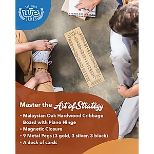 WE Games Wooden Cribbage Board Game Set, Continuous 3 Track for 2-3 Players, Travel Cribbage Board with Card Storage, Includes 9 Metal Pegs & Deck of Cards, Card Games, Classic Board Games for Adults