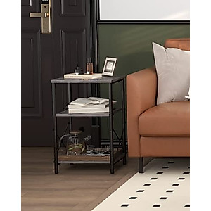 Yusong Small Side Table with Charging Station, Slim End Table for Narrow Space in Living Room,3 Tier Skinny Nightstand Bedside Table with USB Ports & Outlets for Bedroom, Grey