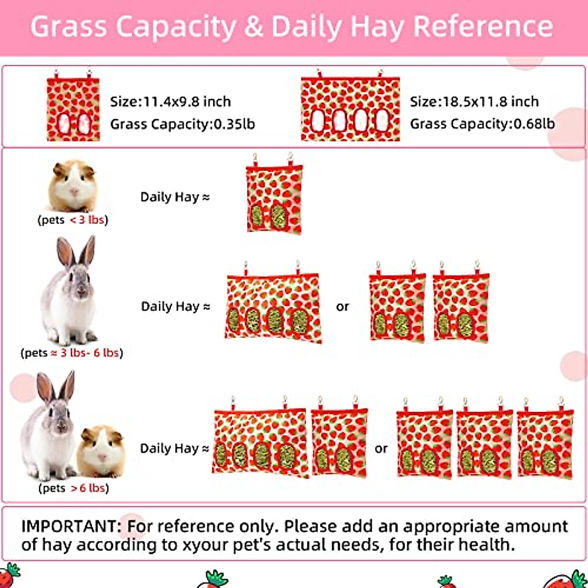 Terossy 2PCs Large Capacity Hay Feeder Rabbit, Mess-free Hanging Hay Feeder for Guinea Pigs, Hay Bag for Rabbits Bunny Chinchilla Hamster, Chew Proof Waste-free, 2Holes+4Holes, 9.8x11.4+11.8x18.5 Inch