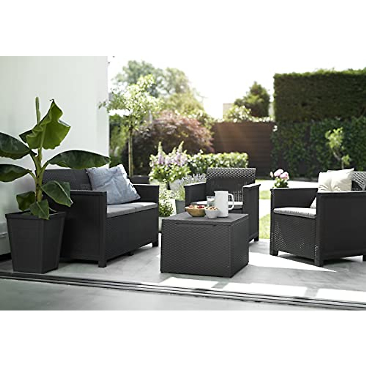 Keter Emma Corfu Coffee Storage Table Modern All Weather Outdoor Patio Garden Backyard Furniture, Grey