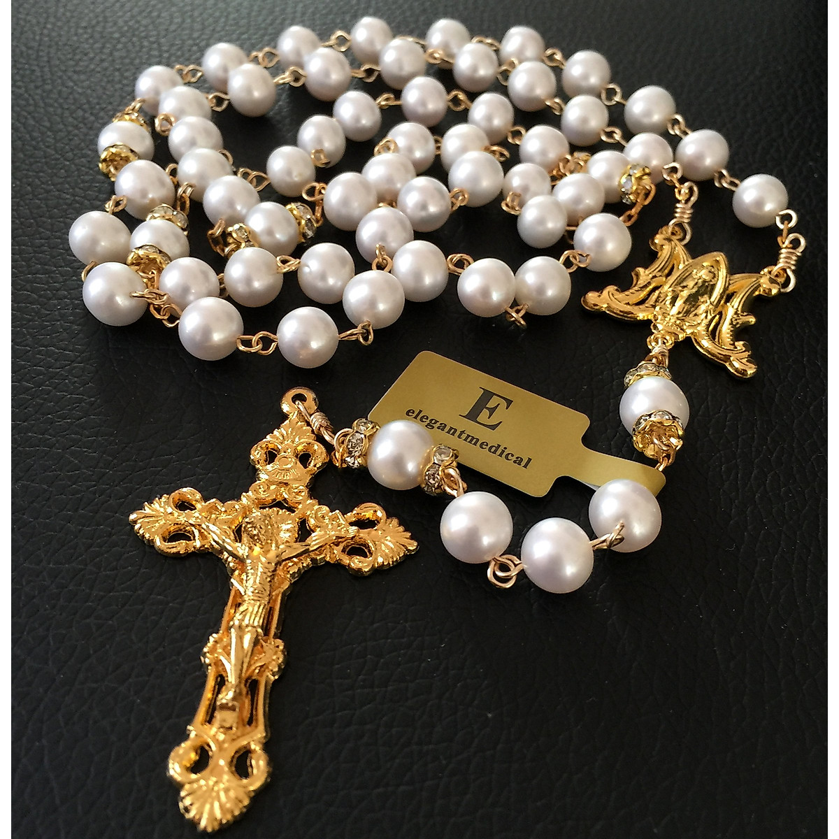 elegantmedical HANDMADE CATHOLIC GLOD 8MM REAL PEARL PEARL BEADS NECKLACE 5 DECADE ROSARY & CROSS CRUCIFIX BOX