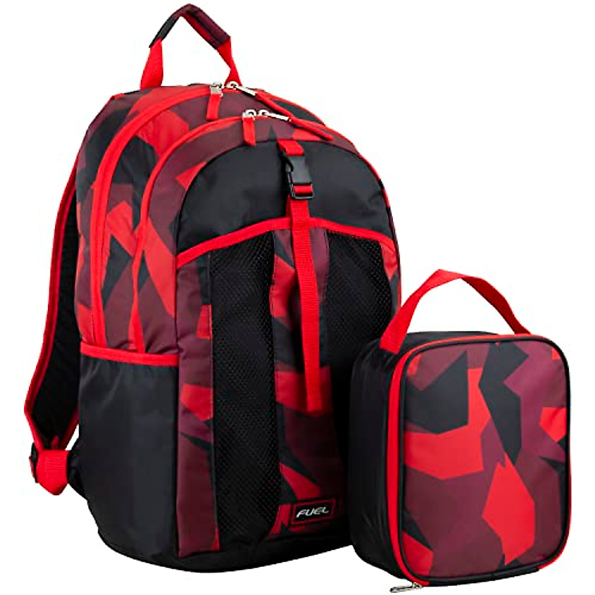 FUEL Backpack with Lunch Box Combo – 18” Two Compartment Water Resistant Durable Adjustable Straps with Side Water Bottle Pockets 2 in 1 Set - Red Camo