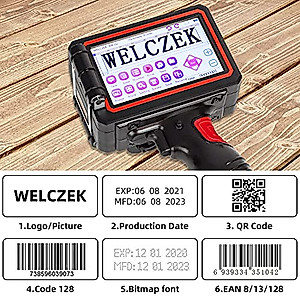 WELCZEK WK-02 Portable Intelligent Handheld Inkjet Printer, Printing Height (0.08-1 Inch) Inkjet Coding Machine for Logo Label Barcode Qr-Code Variable Data etc (Support 20 Languages)