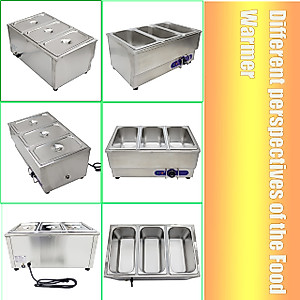 INTSUPERMAI Electric Commercial Food Soup Warmer Canteen Buffet Steam Heater Stainless Steel 110V 1500W 1/3GN x3 Pans 12x5.5x6inch Pan