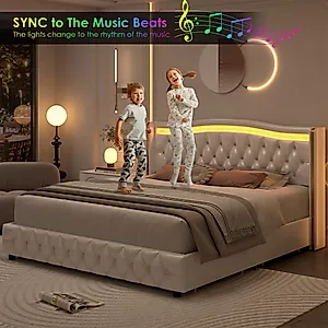 HIFIT King Smart LED Platform Bed Frame with 4 Storage Drawers, Crystal Button-Tufted & Stainless Gold Trim Wingback Headboard, Modern PU Upholstered White Bed Frame No Box Spring Needed/Easy Assembly