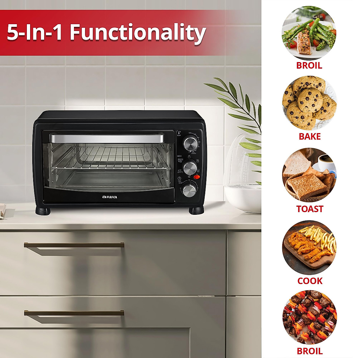 Aiwa 1400W Toaster Oven 6 Slice with Baking Tray, Air Fry Bake Toast Cook and Broil, Temperature Control, 60 Minute Timer Knob, Automatic Shutoff, Crispier Mesh Baking Tray and Crumb Tray Included