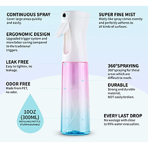TANSHINE Water Spray Bottle for Hair Plant Fine Mister Continuous Spray Bottle for Curly Hair Styling, Cleaning, Misting & Skin Care 10oz/300ml (Blue Pink)