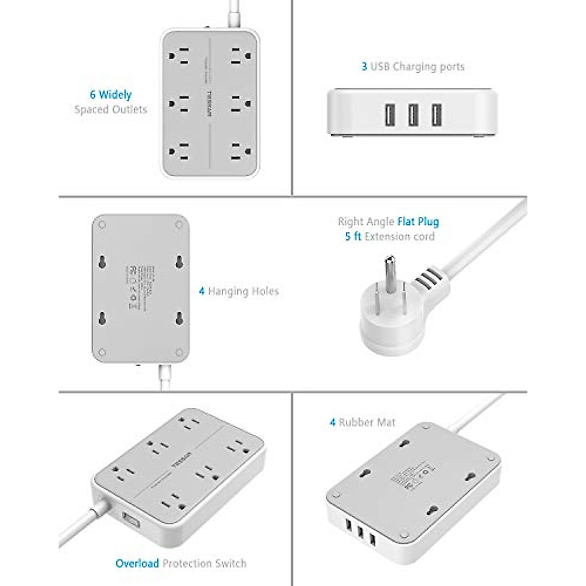 Surge Protector with USB, TESSAN Power Strip Flat Plug with 6 Widely Spaced AC Outlets 3 USB Charging Ports, 1080 Joules Protection, Wall Mount Extension Cord 5 Feet, Dorm Home and Office Accessories