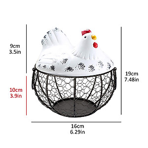 Qube Eggs Basket,Eggs Storage Iron Basket with Ceramic Chicken Lid, Metal Wire Hen Egg Basket Container,Eggs Holder Box for Storing Fruits, Vegetables (White), 20 x 15 x 7.3 cm