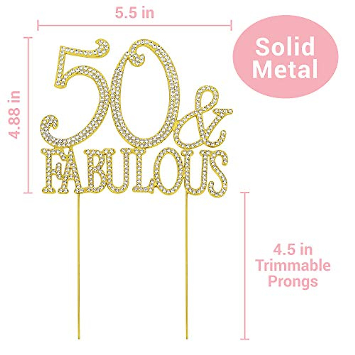 50 Cake Topper - Premium Gold Metal - 50 and Fabulous - 50th Birthday Party Sparkly Rhinestone Decoration Makes a Great Centerpiece - Now Protected in a Box
