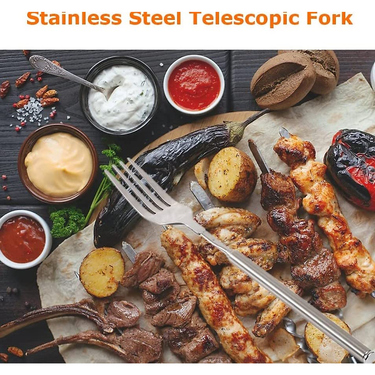 BBQ Telescopic Extendable Dinner Fork Fruit Dessert Long Handle Fork Cutlery-Extends for Barbecue Toasting Dinner Fruit Dessert 8.7 to 25.4 inch