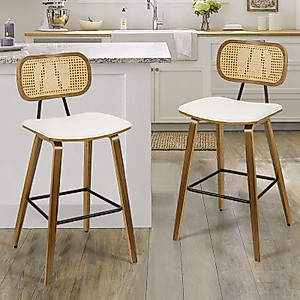 Counter Height Bar Stools Set of 2, Mid Century Modern Counter Stools, 26" Wood Kitchen Stool PU Leather Upholstered Barstool with Rattan Back, Counter Height Island Dining Bar Chair, Cream White