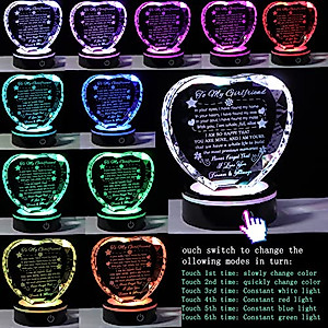 YWHL Gifts for Girlfriend Romantic to My Girlfriend Crystal Heart Keepsakes with Colorful LED Base Girlfriend Birthday Gifts, Anniversary Christmas Valentine's Day Present for Girlfriend from Boyfriend
