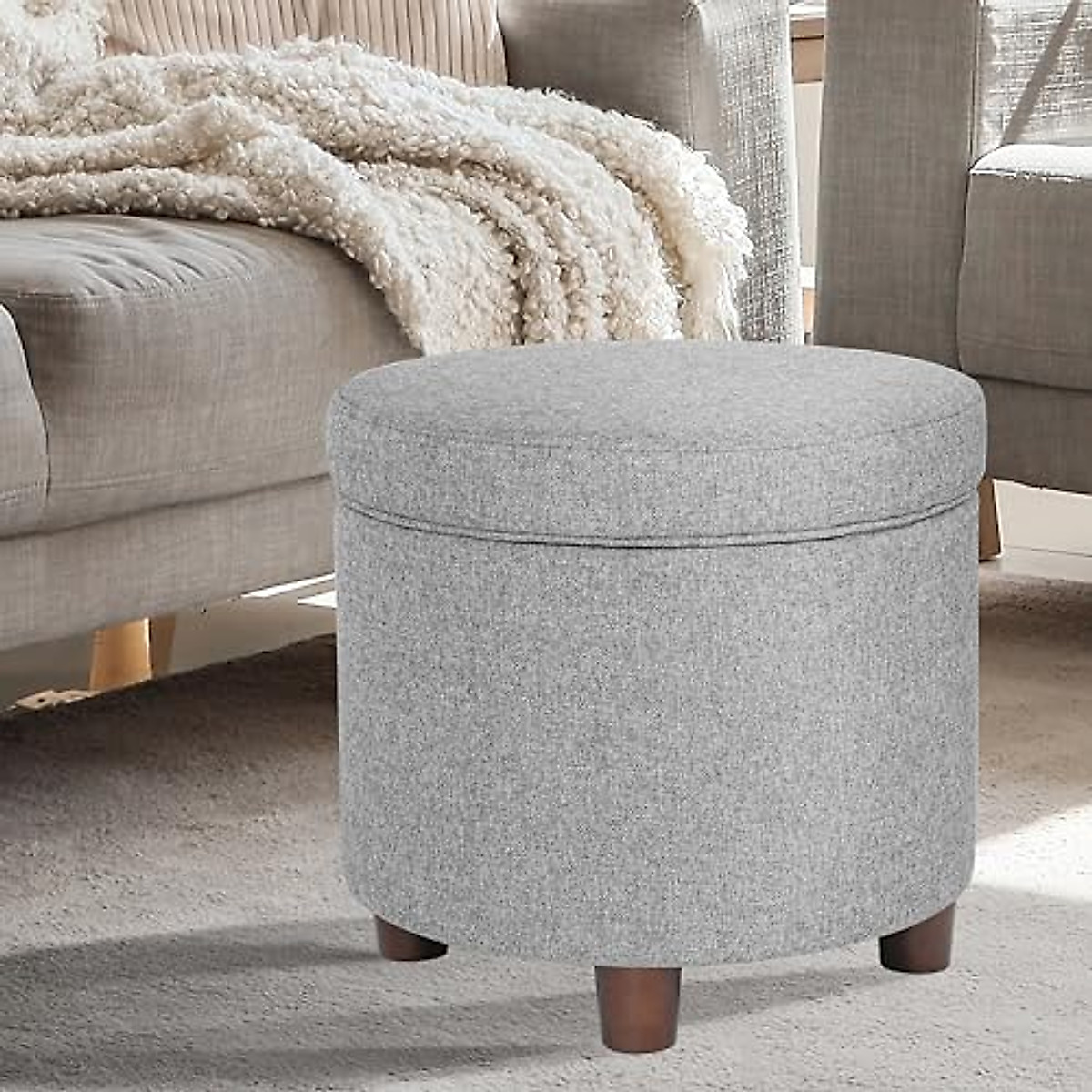 Homepop Home Decor | Upholstered Round Storage Ottoman | Ottoman with Storage for Living Room & Bedroom, Light Gray Tweed Large