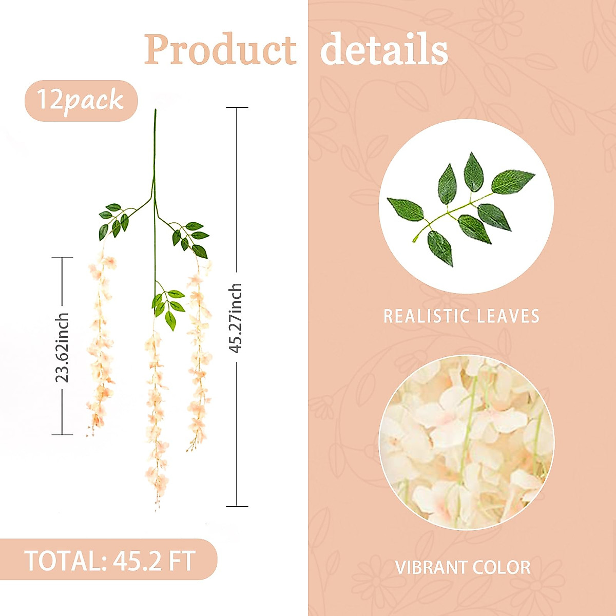 Luerbi 12 Pack Champagne Wisteria Hanging Flowers Garland, 3.77 Feet Artificial Flower Vines, Fake Wisteria, Artificial Vines Hanging Garland for Backdrop Outdoor Yard Garden Decor