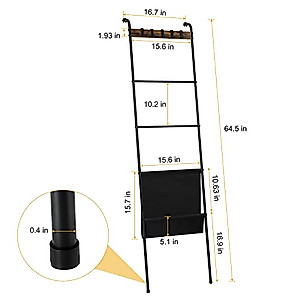 Blanket Ladder Decorative Ladder Holder with 5 Hooks and Pocket 5 Tier Farmhouse Metal Wall Leaning Towel Rack Stand for Bathroom Living Room Laundry Room, Black