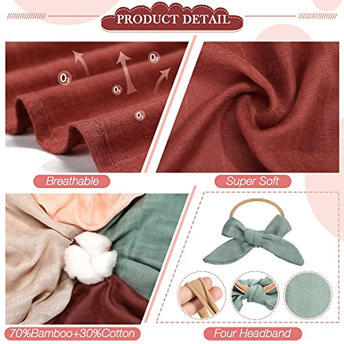 Tatuo 4 Pack Baby Swaddle Blanket Breathable Muslin Swaddle Blanket for Boys Girls, 4 Soft Elastic Baby Headbands with Hair Bows, 47 x 47 Inch Receiving Blanket for Newborn Infant(Light Color)