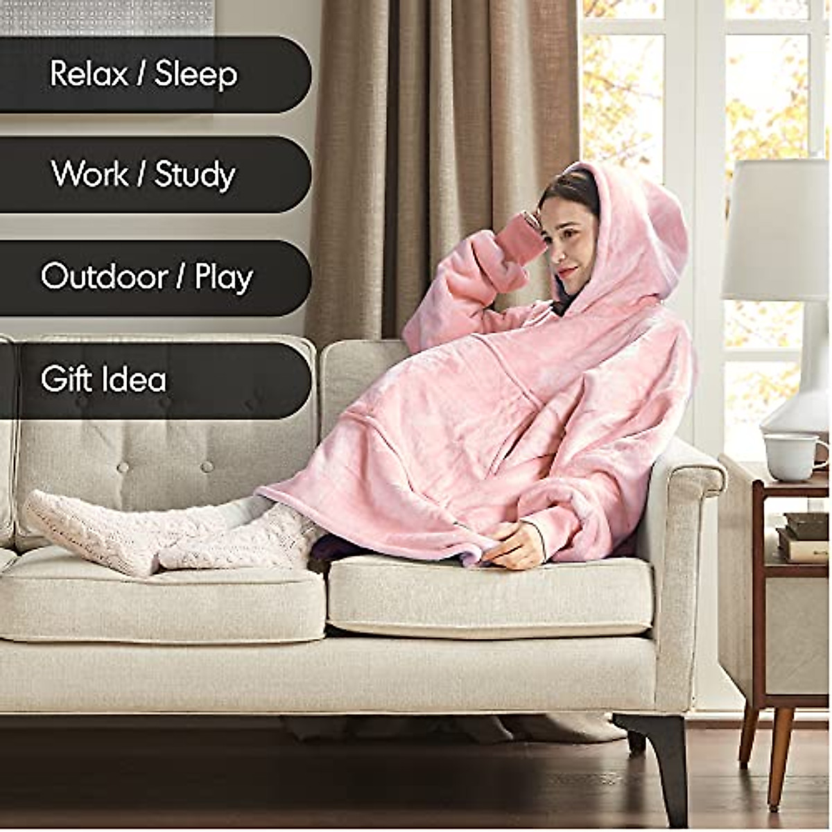 Degrees of Comfort Wearable Blanket Hoodie for Women Men Adults, Cozy Oversized and Warm Sherpa Lined Sweatshirt Blankets, Pink, 38x32 Inch