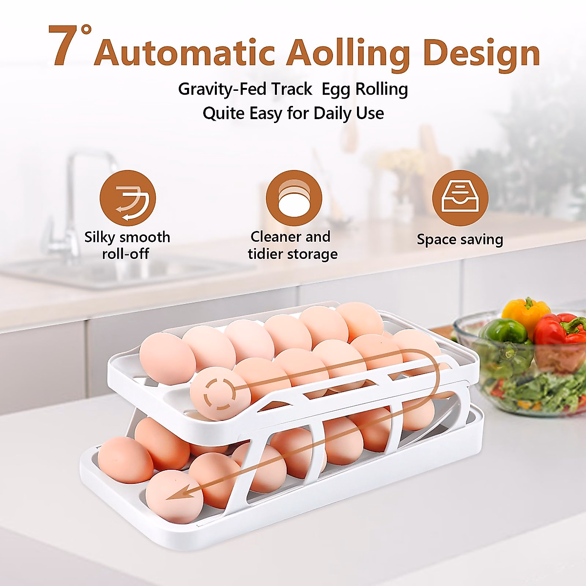 TUSGENK Egg Holder for Fridge, Automatic Rolling Egg Organizer Storage for Refrigerator, 2 Rows Space-Saving Eggs Dispenser, Large Capacity 28 Eggs Container & Tray for Kitchen (2 Layer,White)