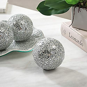 WHOLE HOUSEWARES | 11.5" Glass Mosaic Decorative Tray | Home Décor Centerpiece | Bowl with 3PCS 3.75" Mosaic Decorative Balls | Table Centerpieces For Dining Room (Silver)