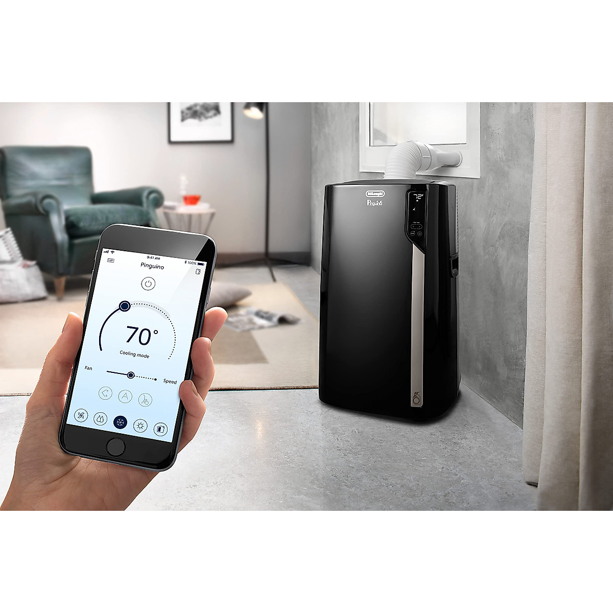 DeLonghi Portable Air Conditioner 12,500 BTU,cool extra large rooms up to 550 sq ft,wifi with alexa,energy saving,heat,quiet,remote,AC Unit,dehumidifier,fan,programmable,window venting kit,EL376HRGFK