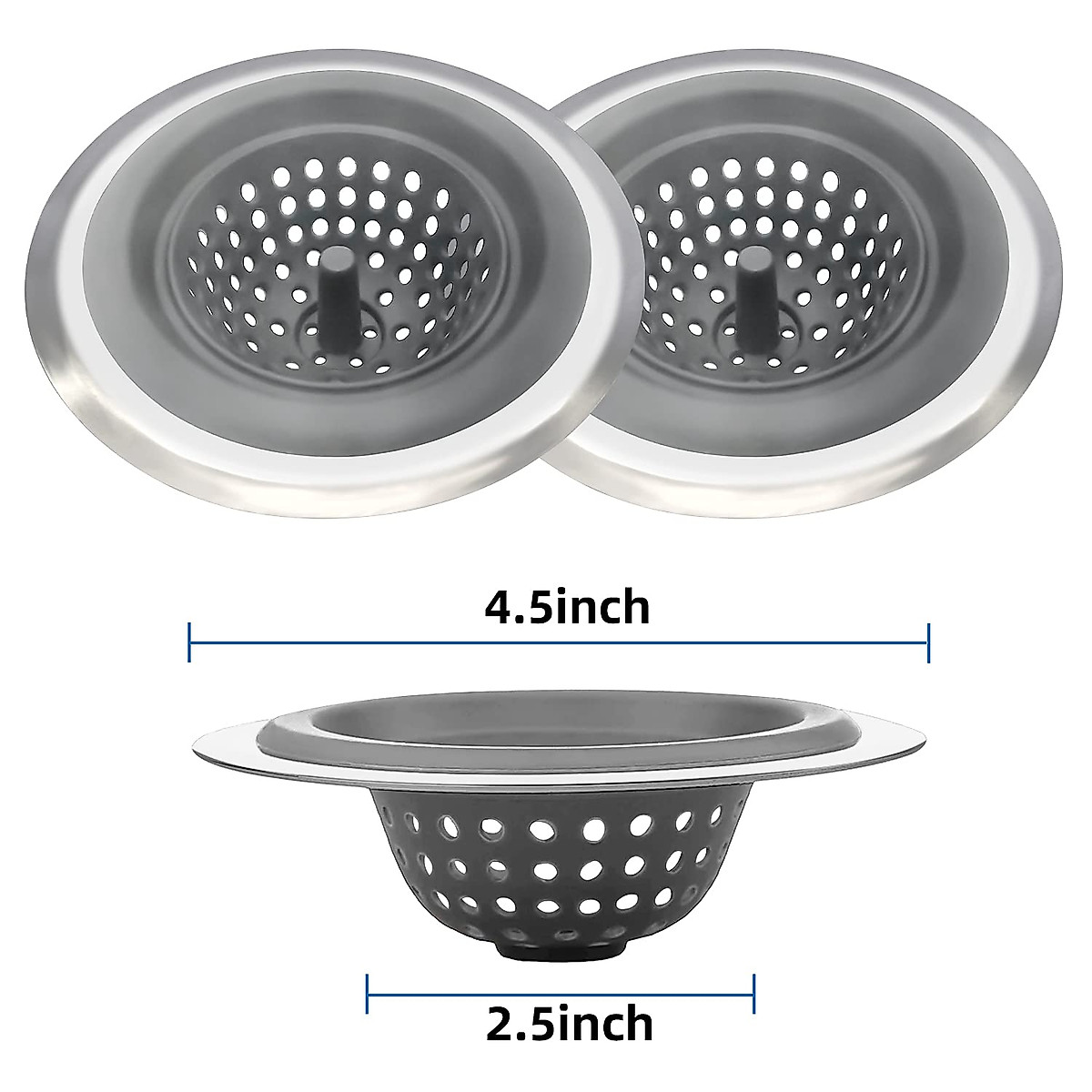 Kitchen Set of 2 Sink Strainers, Flexible Silicone Good Grip Kitchen Sink Drainers, Traps Food Debris and Prevents Clogs, Large Wide 4.5’ Diameter Rim Gray
