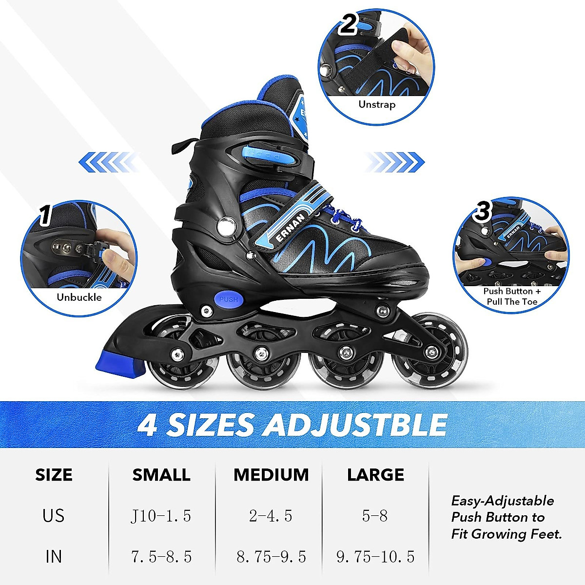 ERNAN Inline Roller Skates,Adjustable Inline Skate for Kids and Adults with Full Light Up Wheels,Outdoor Roller Blades for Boys and Girls, Men and Women (Blue)