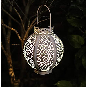 WSgift 2 Pack Hanging Solar Lantern Metal LED Table Lamp Outdoor Solar Hollow-Out Lights with Handle, 6 lumens, 6 x 6 x 6.7 Inch, White